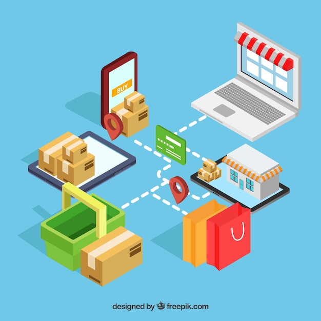 Premium Vector | E-commerce elements with different devices Premium Vector | E-commerce elements with different devices