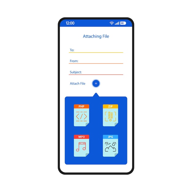 이메일 전송 스마트폰 인터페이스 벡터 템플릿입니다 모바일 앱 페이지 흰색 디자인 레이아웃입니다 파일 첨부 미디어 화면 응용 프로그램에 대한 평면 Ui 온라인 첨부