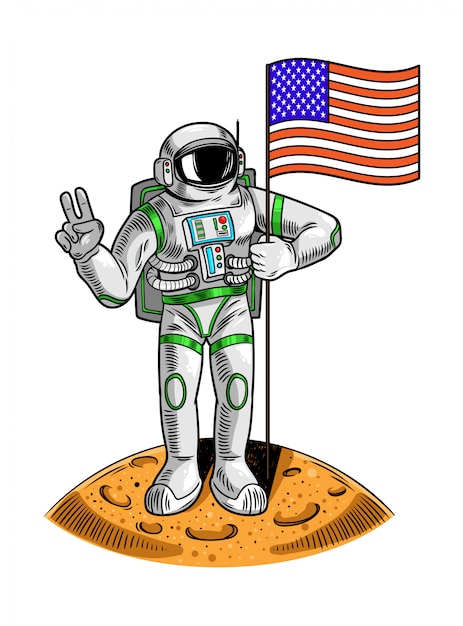 Premium Vector Engraving Draw With Astronaut Spaceman On Moon Hold American Usa Flag The First