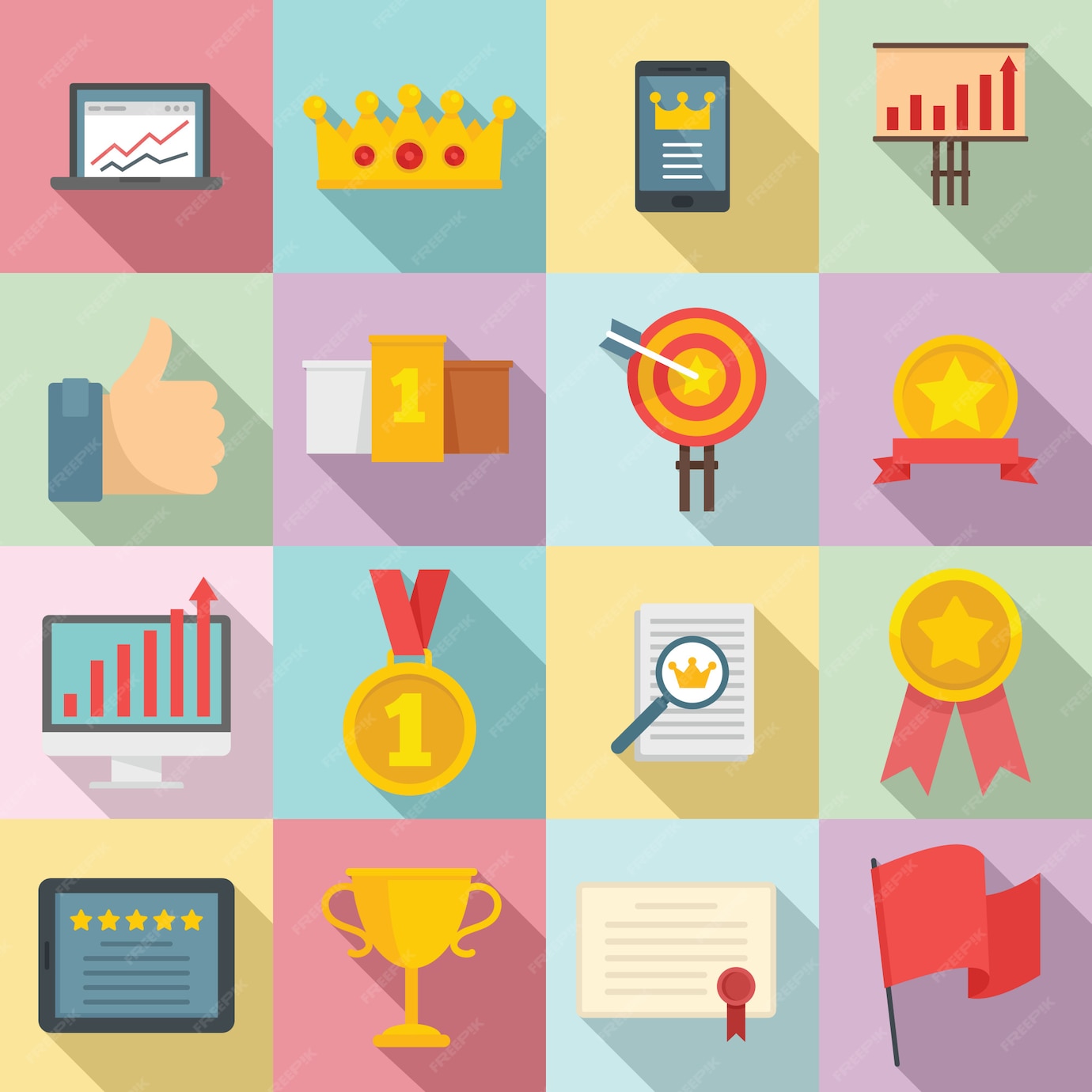 Premium Vector | Excellence icons set, flat style Premium Vector | Excellence icons set, flat style