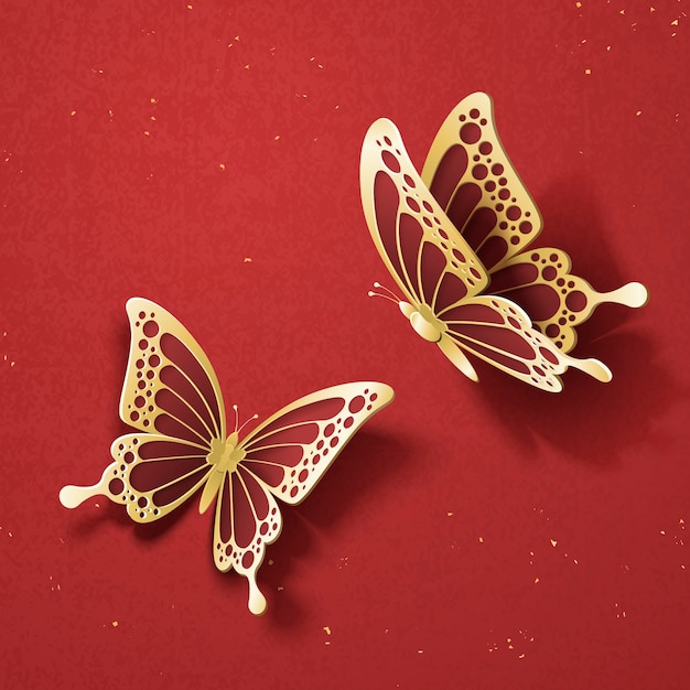 Premium Vector | Exquisite golden butterflies on red background Premium Vector | Exquisite golden butterflies on red background