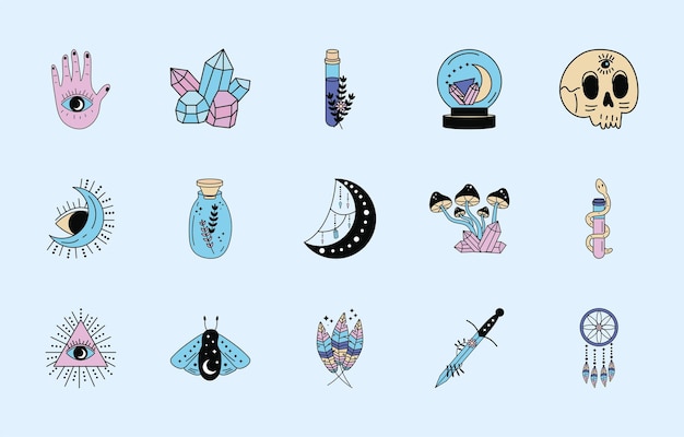 Premium Vector | Fifteen esoteric magic set icons Premium Vector | Fifteen esoteric magic set icons