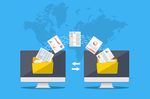 Premium Vector | File transfer. two computers with folders on screen ...