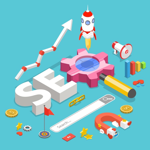 Premium Vector | Flat isometric concept of search engine optimization. Premium Vector | Flat isometric concept of search engine optimization.