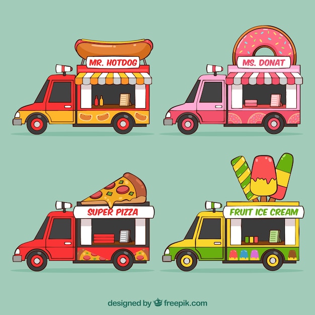 Free Vector | Fun set of hand drawn food trucks Free Vector | Fun set of hand drawn food trucks