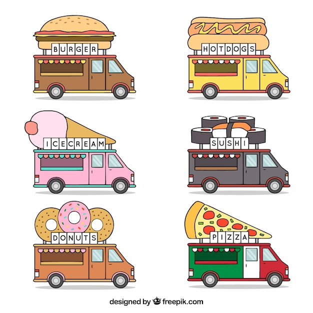Free Vector | Fun set of hand drawn food trucks Free Vector | Fun set of hand drawn food trucks