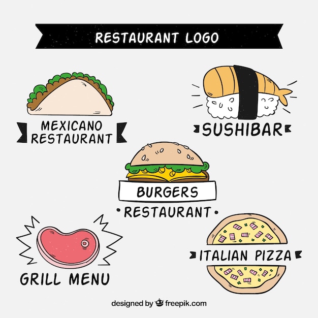 Free Vector | Fun variety of hand drawn restaurant logos Free Vector | Fun variety of hand drawn restaurant logos