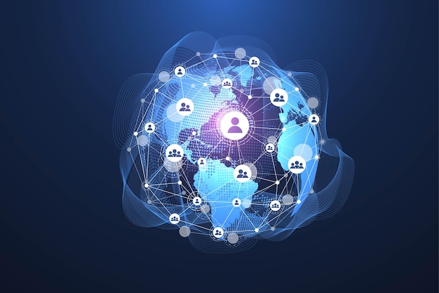 글로벌 소셜 네트워크 네트워킹 및 데이터 연결 개념입니다 전세계 인터넷 및 기술 신경총 빛 라인으로 연결된 동적 파동 가상 디지털 구성 벡터 일러스트 레이 션