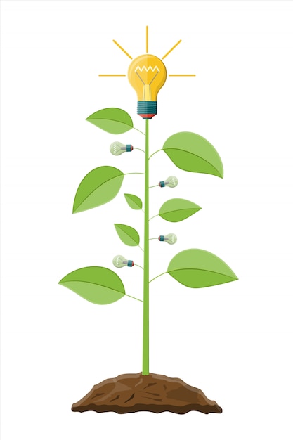 Premium Vector | Glowing light bulb on tree with green leaves. Premium Vector | Glowing light bulb on tree with green leaves.