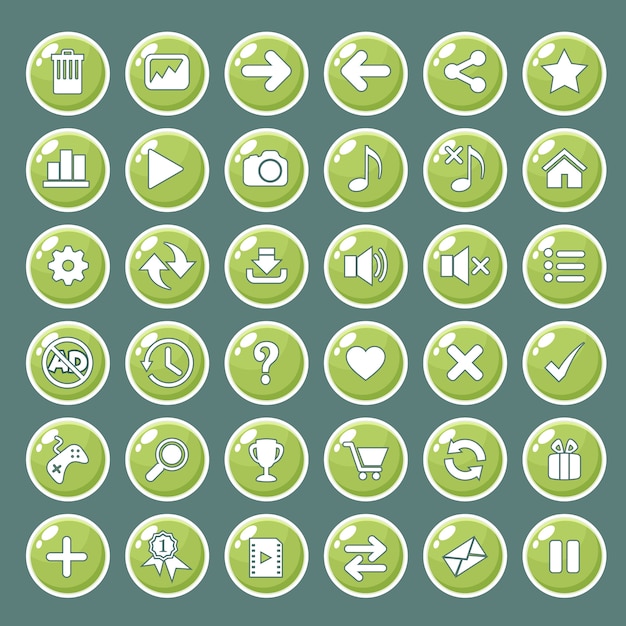 Premium Vector | Gui buttons icons set for game interfaces color green. Premium Vector | Gui buttons icons set for game interfaces color green.