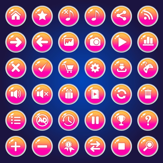 Premium Vector | Gui buttons icons set for game interfaces color pink. Premium Vector | Gui buttons icons set for game interfaces color pink.