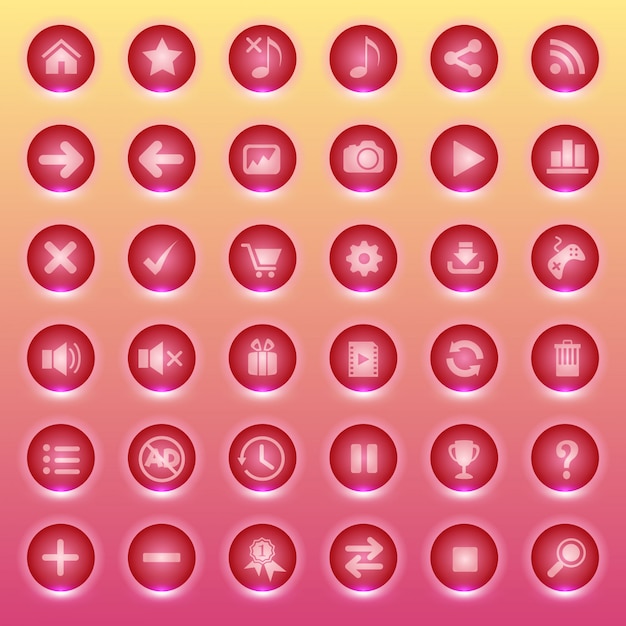 Premium Vector | Gui buttons icons set for game interfaces color red light. Premium Vector | Gui buttons icons set for game interfaces color red light.