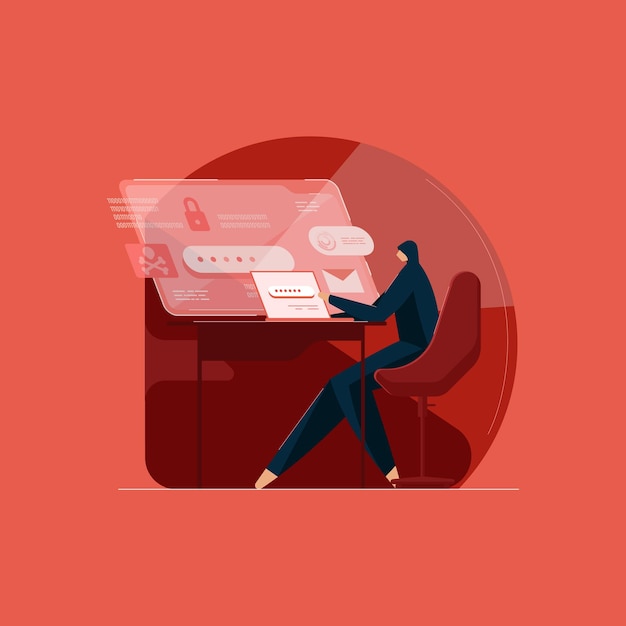 Premium Vector | Hacker uses a laptop to hack the system with binary code cyber crime and ...