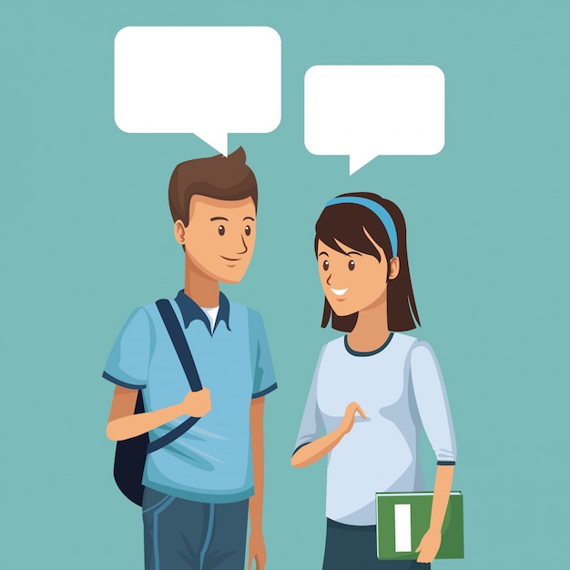 Premium Vector | Half body couple students talking with dialog boxes Premium Vector | Half body couple students talking with dialog boxes