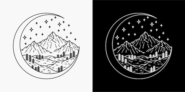 Premium Vector | Hand drawing of the moon with mountain views Premium Vector | Hand drawing of the moon with mountain views