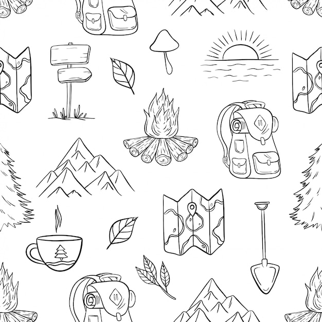 Premium Vector | Hand drawn camping, hiking and travel seamless pattern Premium Vector | Hand drawn camping, hiking and travel seamless pattern