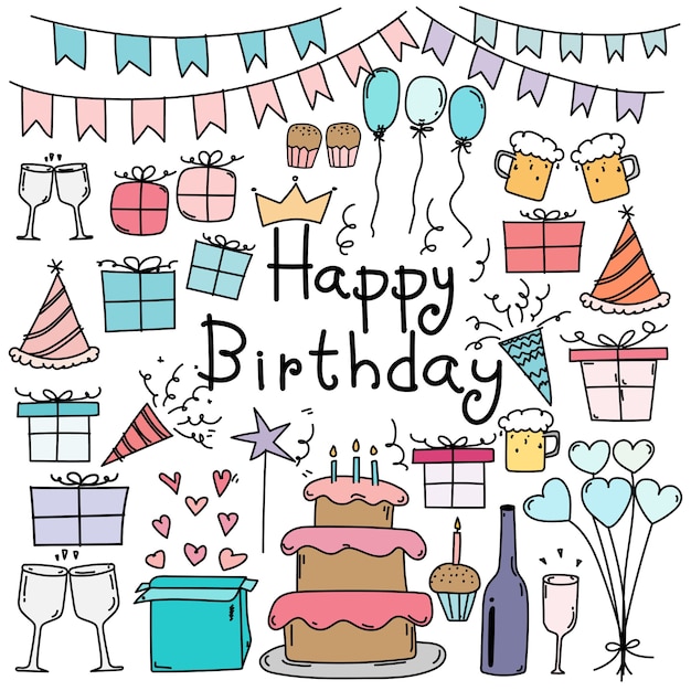 Premium Vector | Hand drawn doodle vector happy birthday set Premium Vector | Hand drawn doodle vector happy birthday set
