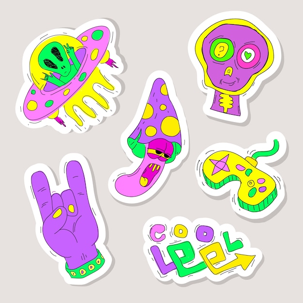Hand Drawn Funny Sticker Collection With Acid Colors Vector Free Download