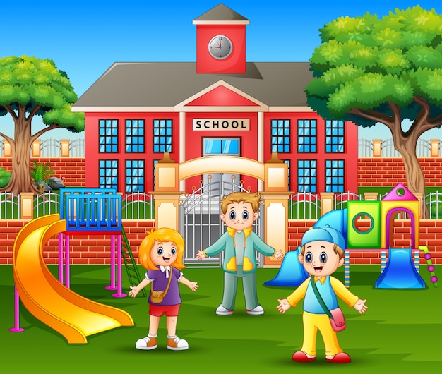 Premium Vector | Happy children playing in front the school Premium Vector | Happy children playing in front the school