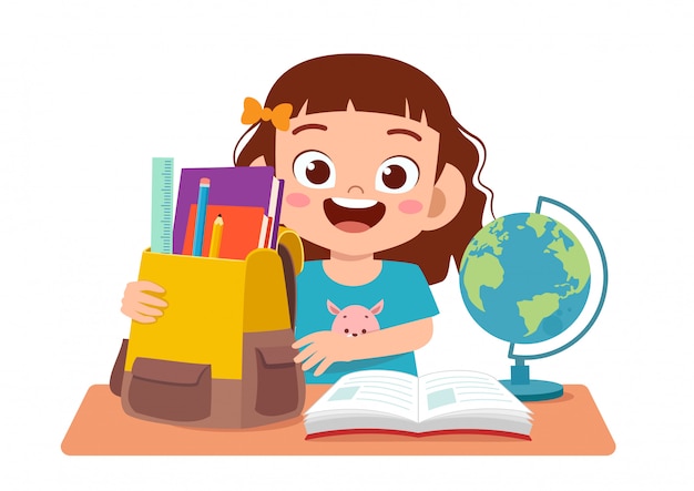 Premium Vector | Happy cute girl studying on cute table Premium Vector | Happy cute girl studying on cute table