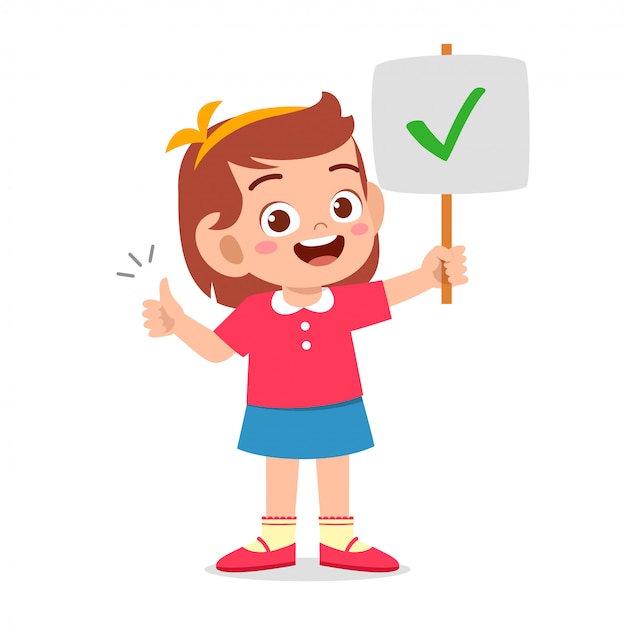 Premium Vector | Happy cute kid girl carry correct sign Premium Vector | Happy cute kid girl carry correct sign
