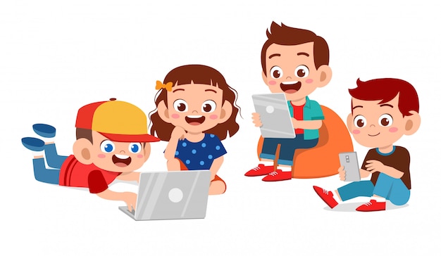 Premium Vector | Happy cute kids using tablet Premium Vector | Happy cute kids using tablet