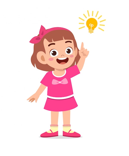 Premium Vector | Happy cute little kid girl with idea lamp sign Premium Vector | Happy cute little kid girl with idea lamp sign
