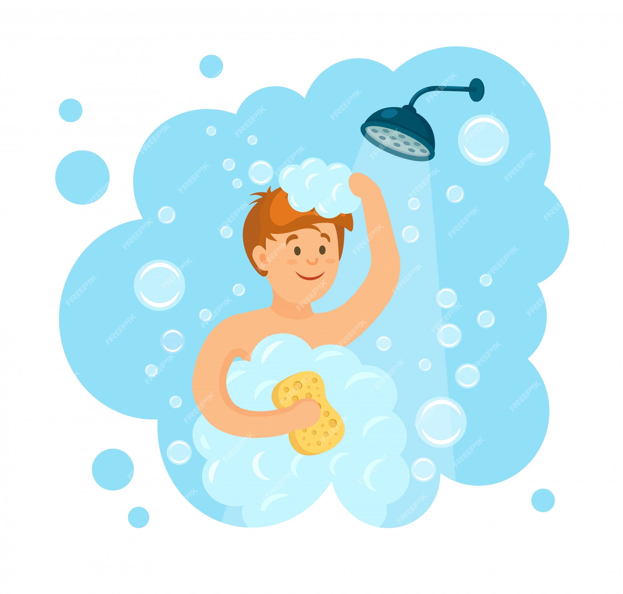 Premium Vector Happy Man Taking Shower In Bathroom Wash Head And