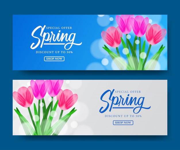 Premium Vector | Hello spring sale voucher banner tulips blossom Premium Vector | Hello spring sale voucher banner tulips blossom