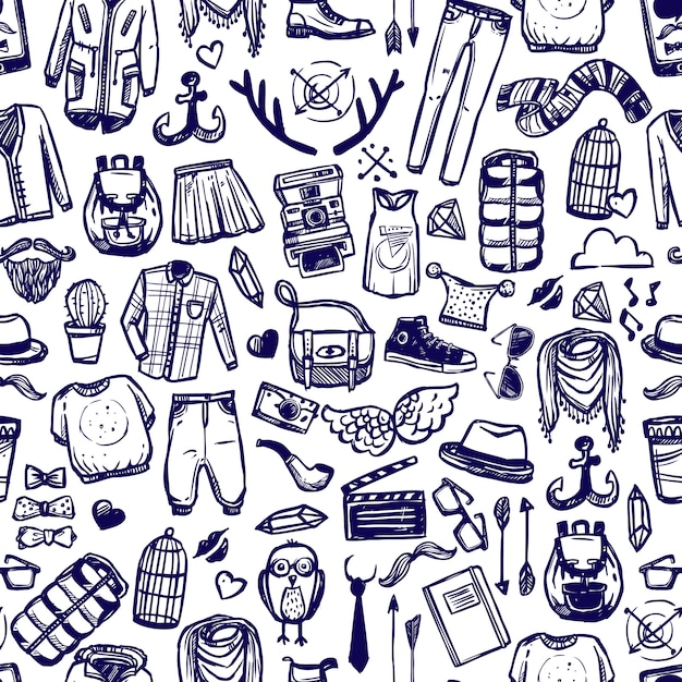 Free Vector Hipster Fashion Clothing Doodle Seamless Pattern