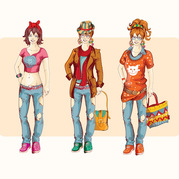Premium Vector Hipster Girl Set