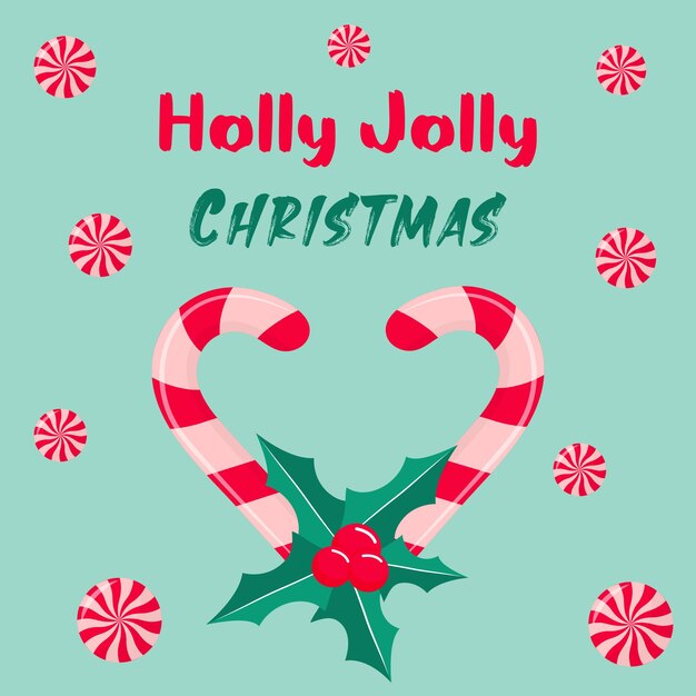 Premium Vector Holly Jolly Christmas Card With Candy Canes Holly