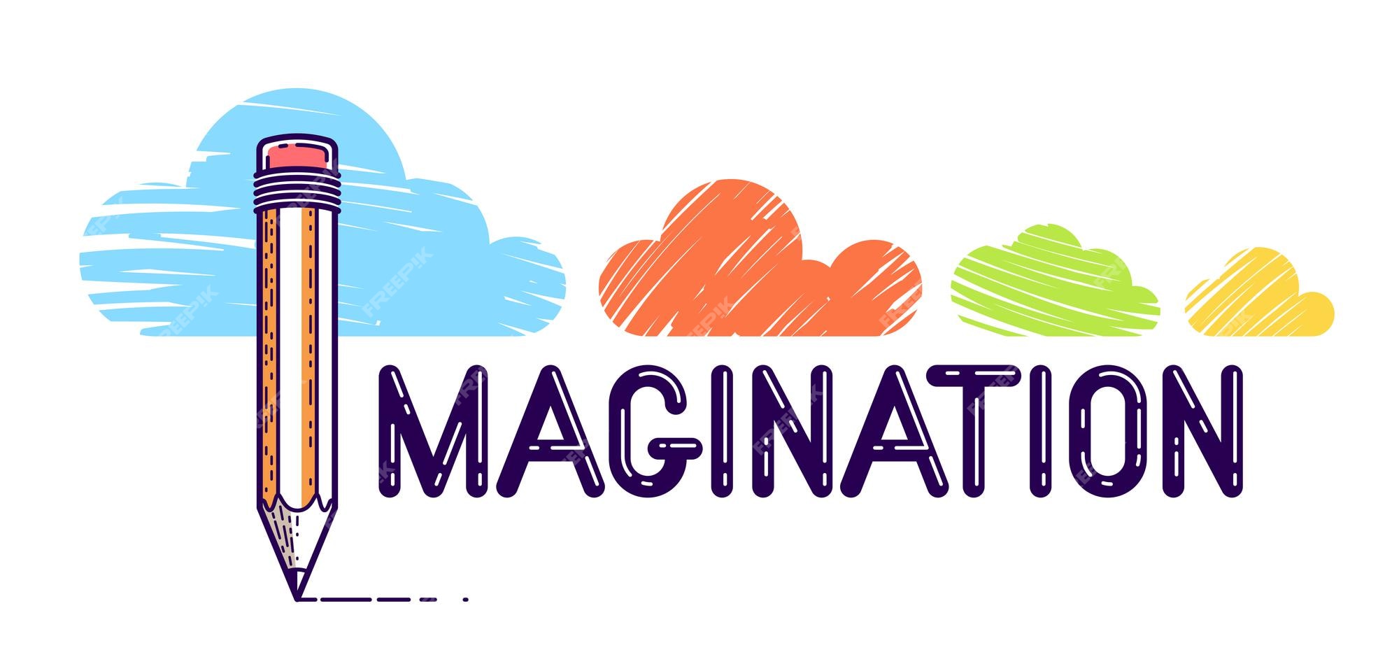 Premium Vector | Imagination word with pencil instead of letter i and ... Premium Vector | Imagination word with pencil instead of letter i and ...