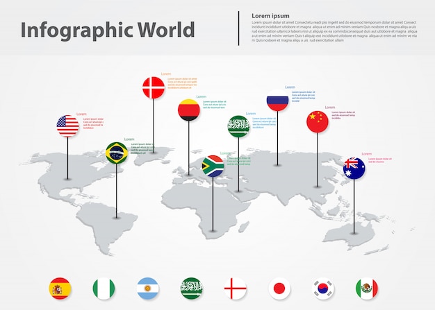 Premium Vector | Infographic country world map, international world flags Premium Vector | Infographic country world map, international world flags