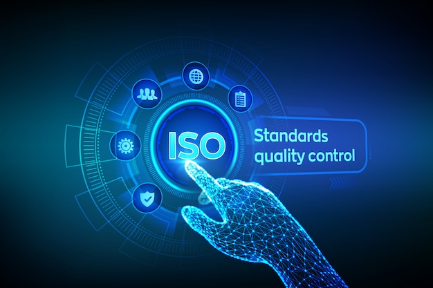 Premium Vector | Iso standards quality control . robotic hand touching ... Premium Vector | Iso standards quality control . robotic hand touching ...