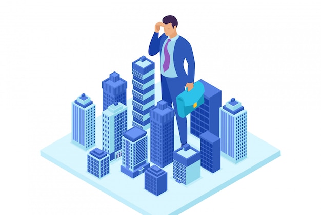 Premium Vector | Isometric bright site concept big businessman looks ... Premium Vector | Isometric bright site concept big businessman looks ...