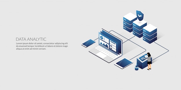 Premium Vector | Isometric data analytic and security data center concept Premium Vector | Isometric data analytic and security data center concept