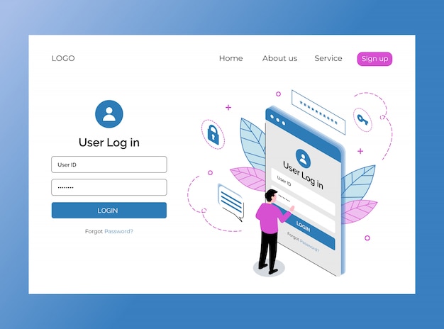 Premium Vector | Isometric landing page of user login template premium Premium Vector | Isometric landing page of user login template premium