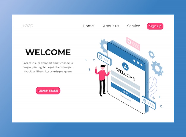 Premium Vector | Isometric landing page of welcome page template premium Premium Vector | Isometric landing page of welcome page template premium