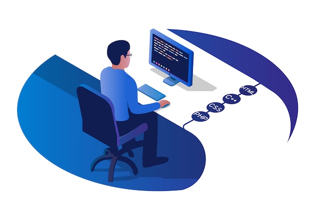 Premium Vector | Isometric programmer writing code Premium Vector | Isometric programmer writing code