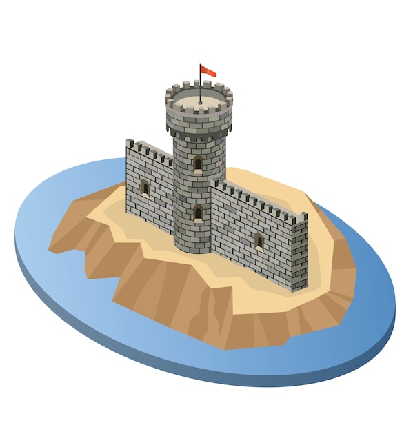 Premium Vector | Isometric projection of a medieval castle on an island Premium Vector | Isometric projection of a medieval castle on an island
