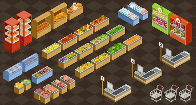 Premium Vector | Isometric supermarket Premium Vector | Isometric supermarket