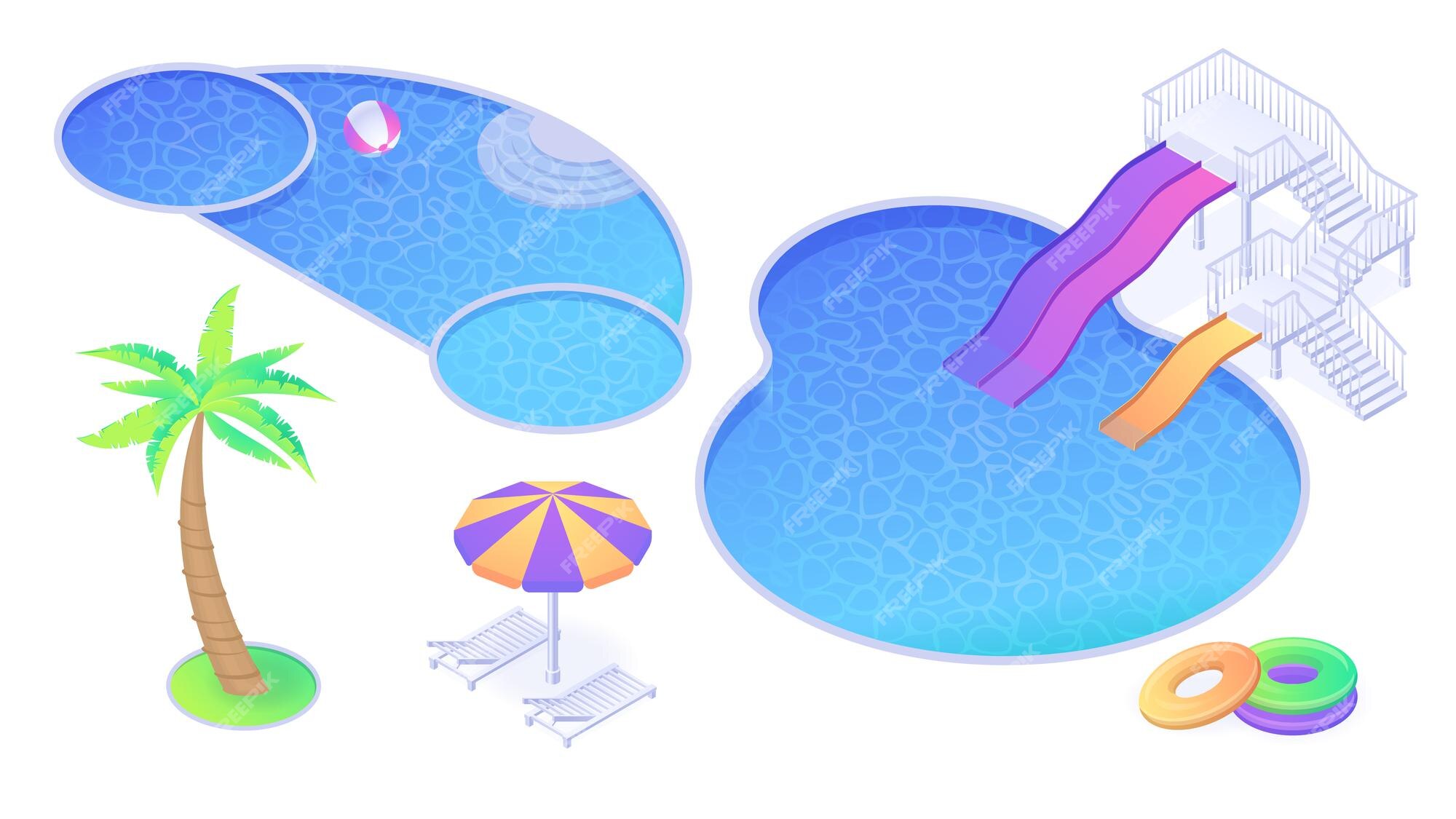 Free Vector Isometric Swimming Pool Slides Palm Tree And Umbrella