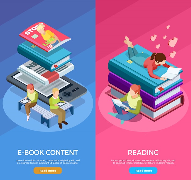 Free Vector | Isometric vertical reading banner set Free Vector | Isometric vertical reading banner set