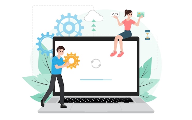 Premium Vector | It administrator with software upgrade process on ... Premium Vector | It administrator with software upgrade process on ...