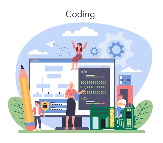 Premium Vector | It education concept. student write software and create code for computer ...
