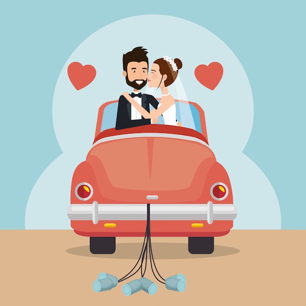 Free Vector Just Married Couple With Car Avatars Characters
