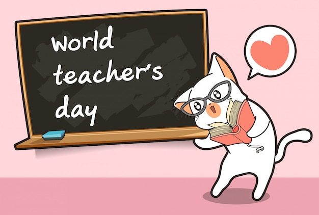 Premium Vector | Kawaii teacher cat character and a blackboard Premium Vector | Kawaii teacher cat character and a blackboard