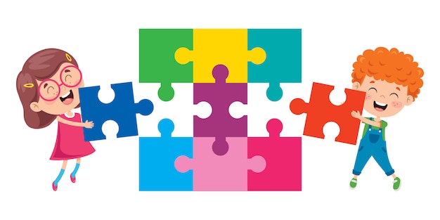 Kid playing colorful jigsaw puzzle | Premium Vector Kid playing colorful jigsaw puzzle | Premium Vector