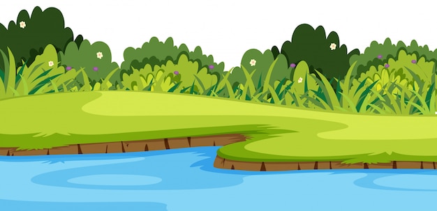 Landscape Background With River And Green Grass Premium Vector